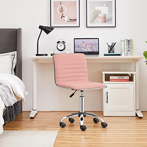 Yaheetech 2PCS Low Back Velvet Chairs Swivel Armless Desk Chair Ribbed Task Chair w/Lumbar Support, Wheels Apricot Pink