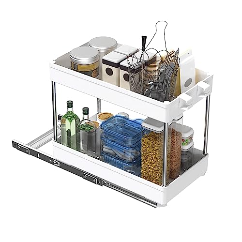 SZIPJAMP White Under Sink Organiser Houseware Cabinet Basket Organizer Simple Storage Shelf with Sliding Rail White Standing Rack for Kitchen Bathroom