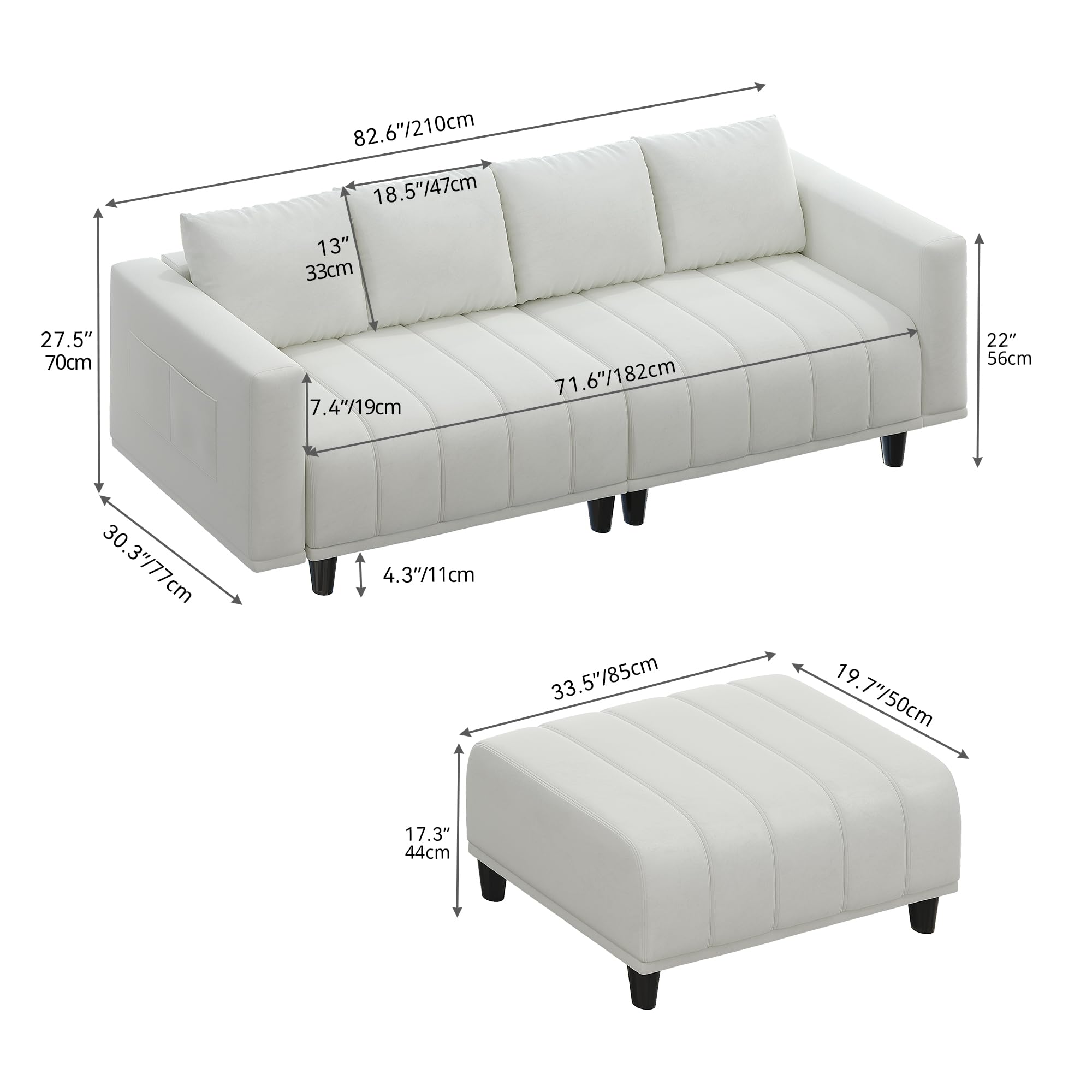 YITAHOME Cloud Couch Sectional Sofa with Ottoman, L Shaped Couch Velvet Comfy Modern 2 Seat Loveseat Sofa Convertible with USB & Type-C Ports for Living Room Apartment, Beige