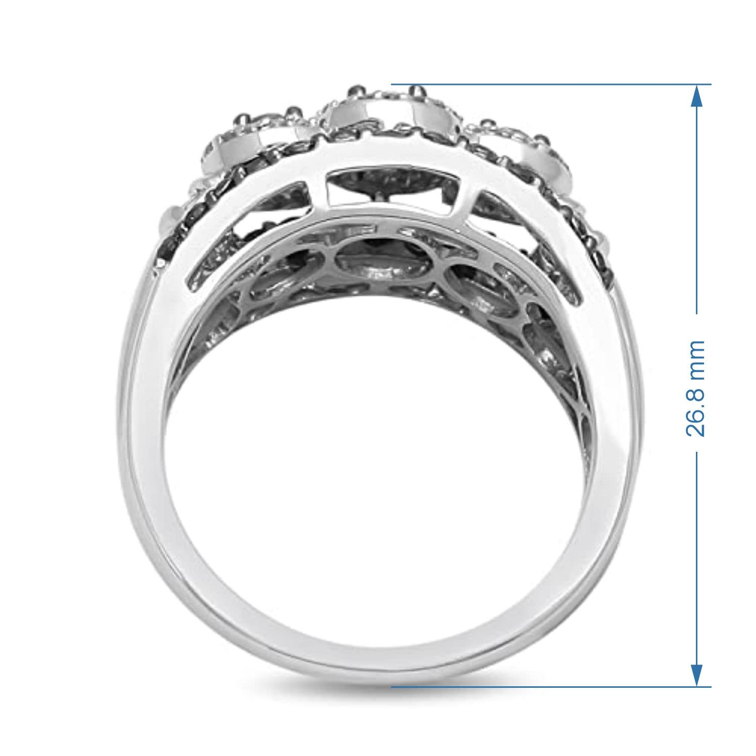 Jewelili 10K White Gold 1.0 Cttw Treated Black Round and Natural White Round and Baguette Diamonds Three-Stone Ring, Size 7