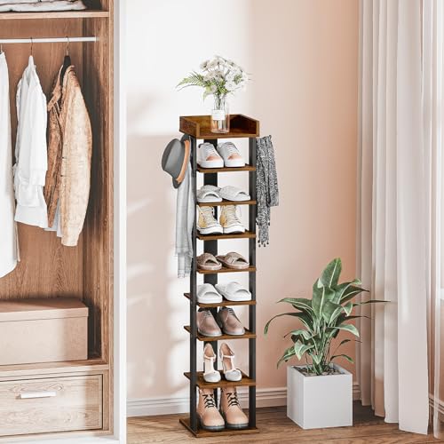 HOOBRO Vertical Shoe Rack, 9 Tier Shoe Storage Organizer with Hooks, Narrow Shoe Rack for 9 Pairs, Space Saving, Stable and Strong, for Entryway, Closet, Bedroom, Rustic Brown BF81XJ01