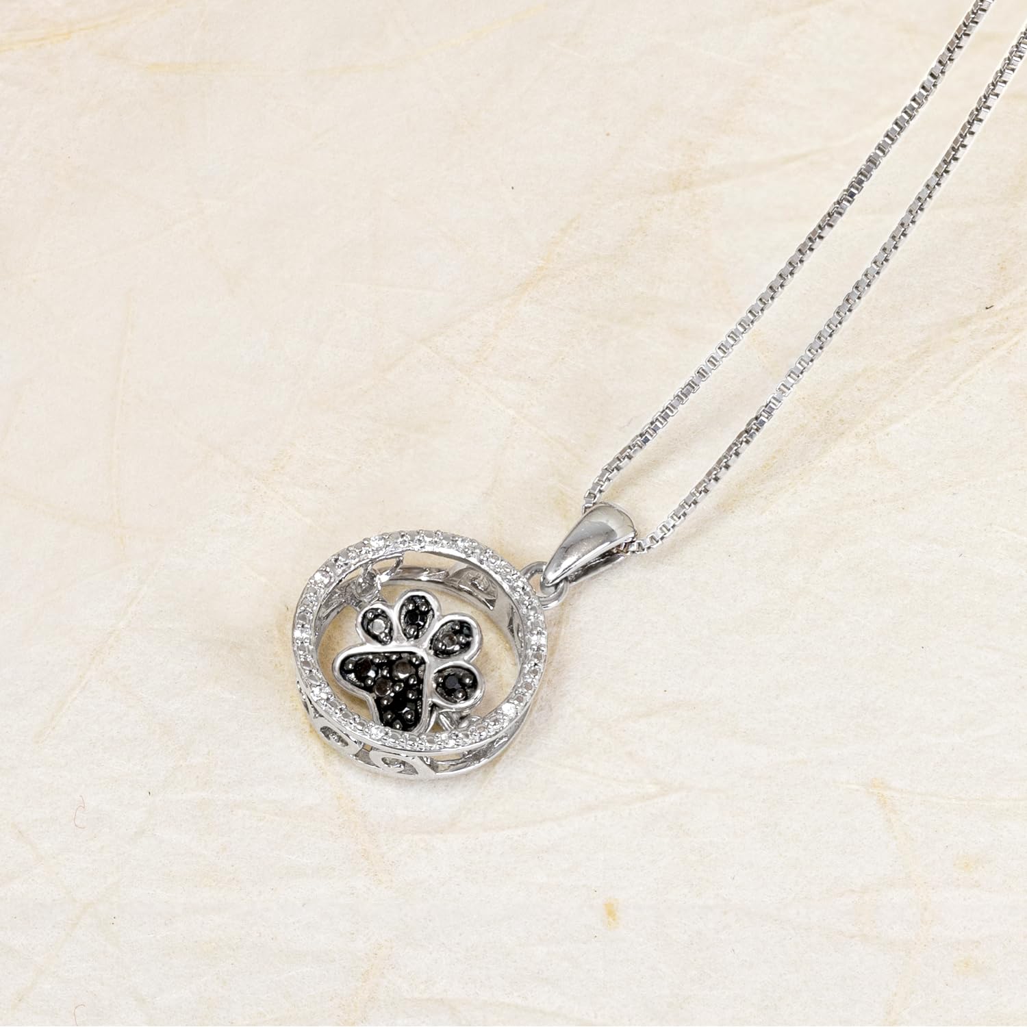 Jewelili Dancing Dog Paw Necklace Pendant in Sterling Silver Treated Black and Natural White Round Diamonds 18 inch Box Chain