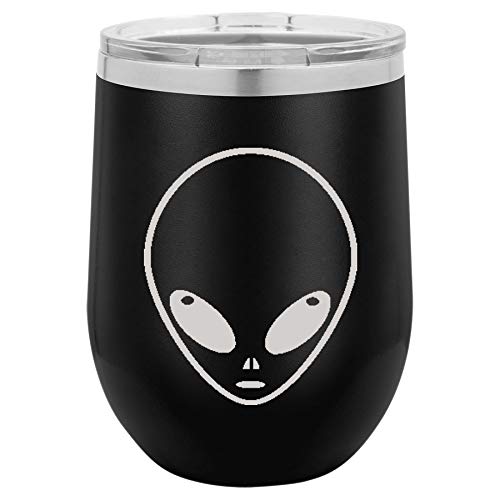 MIP Brand 12 oz Double Wall Vacuum Insulated Stainless Steel Stemless Wine Tumbler Glass Coffee Travel Mug With Lid Alien Head (Black)