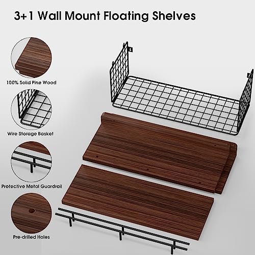 Xeapoms Floating Shelves with Wire Storage Basket, Wall Mounted Bathroom Shelves Over Toilet with Metal Guardrail, Rustic Wood Wall Shelf for Bathroom Decor,Bedroom,Living Room,Kitchen β Rustic Brown