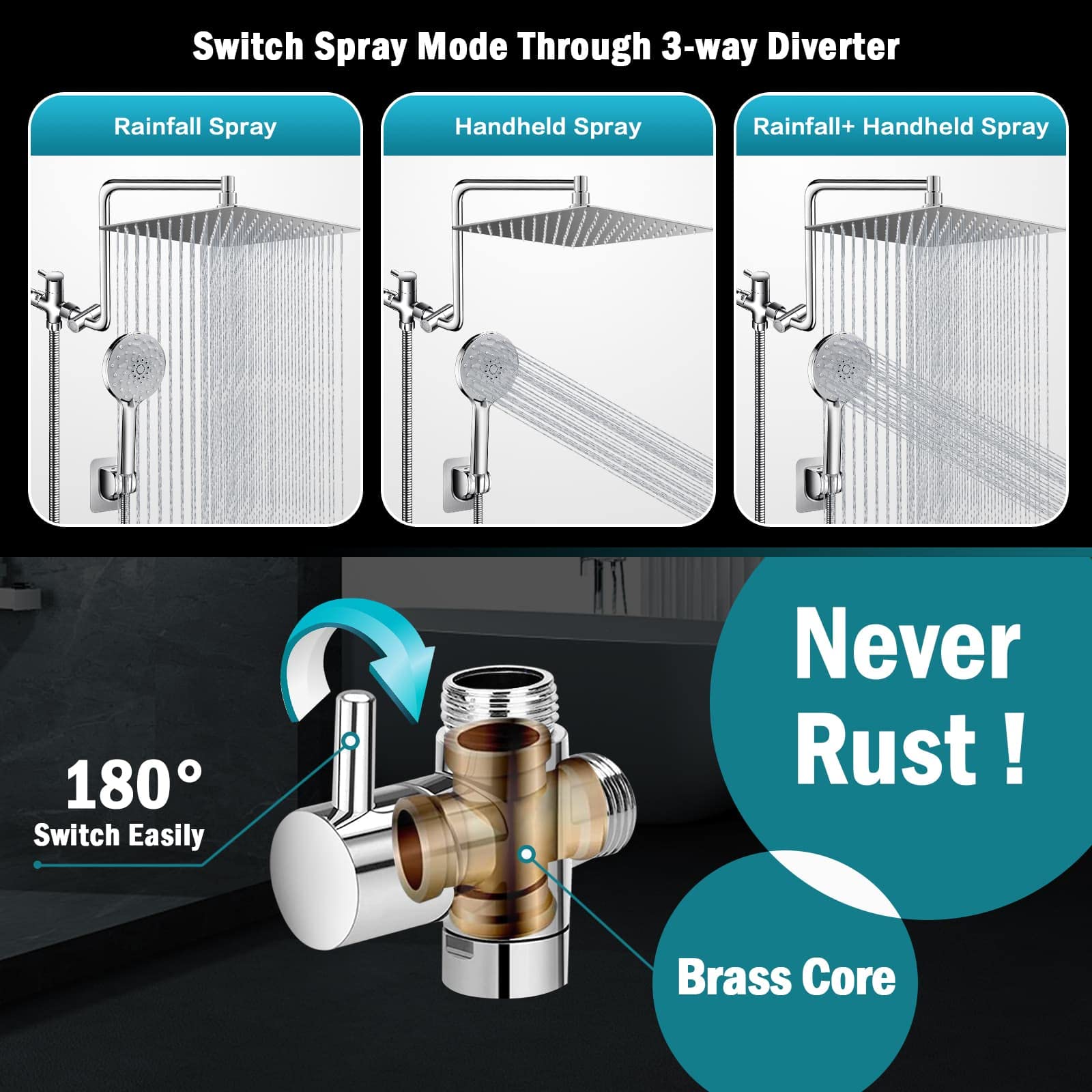 PinWin Shower Head, Upgraded Dual Rain Shower Head with Adjustable Extension Arm, 6-Setting Handheld Combo, Powerful High-Pressure Spray Against Low Pressure Water (12-Inch Showerhead Set, Chrome)
