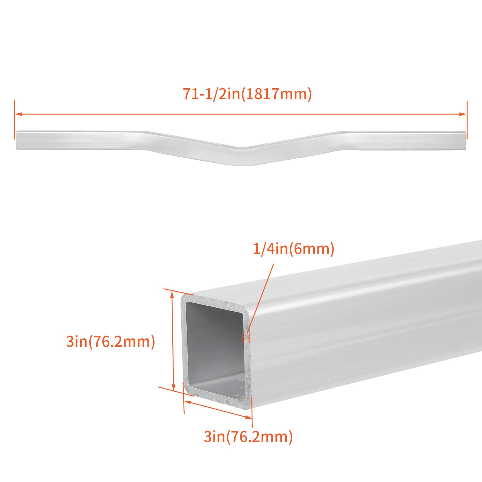 KUAFU Boat Trailer Crossmember Square Tube V-Bend Crossbar 3" x 3" x 71.5" Aluminum