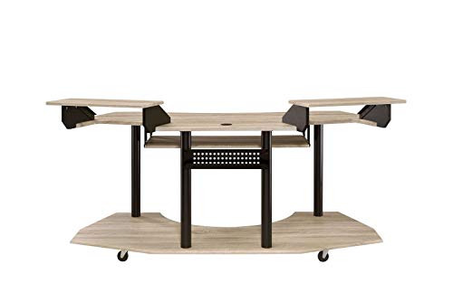 LEEKOUS STERXONE Best Music Recording Studio Desk with Piano Keyboard Tray, Recording Studio Workstation Table with 2 Stands, Bottom Shelf and Wheels, Wooden Home Office Computer Desks (Natural Oak)