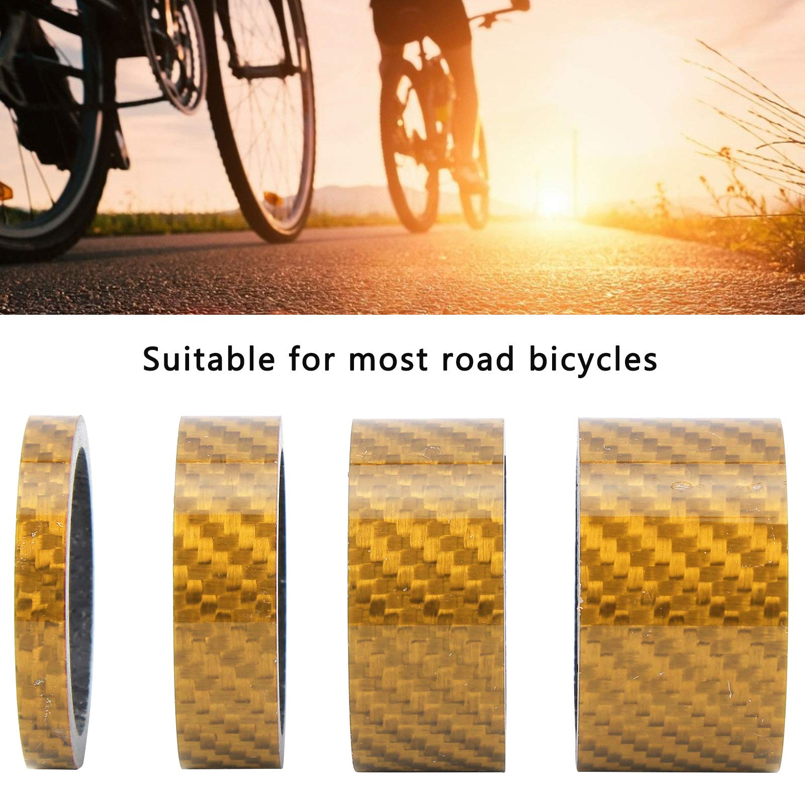 Keenso Carbon Fiber Bike Fork Washer Stem, 2 Set 5/10/15/20mm Bicycle Headset Front Fork Spacer Stem Bike Washer(Gold)