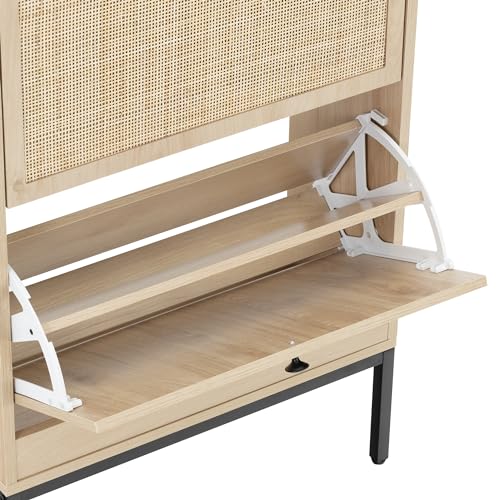 XIAO WEI Shoe Cabinet, Natural Rectangular Handmade Rattan Shoe Storage Organizer Cabinet with 3 Flip Drawers, Freestanding Shoe Rack with Adjustable Shelf for Entryway