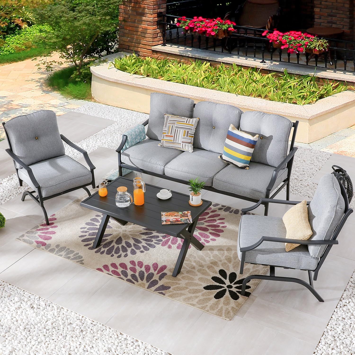 TOP HOME SPACE Patio Conversation Set 4 Piece Metal Outdoor Furniture Set Rocking Chairs with Cushions