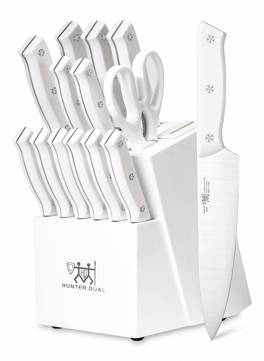 HUNTER.DUAL Knife Set, 15 Piece Kitchen Knife Set with Block Self Sharpening, Dishwasher Safe, Anti-slip Handle, Black