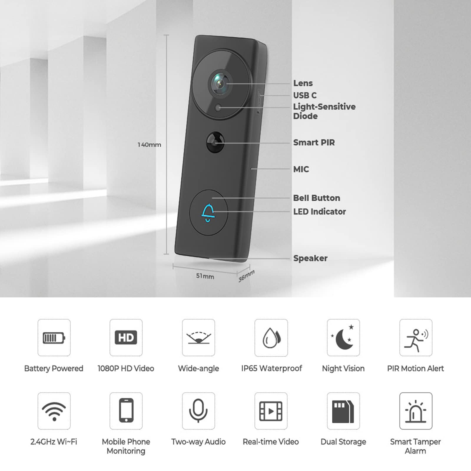 Stavix Wireless Doorbell Camera with Indoor Chime, 2MP 1080P Video Recording, Real Time Alert for Home, 32GB TF Card Included, PIR Motion Detection, Two Way Audio, Support Alexa & Google Assistant