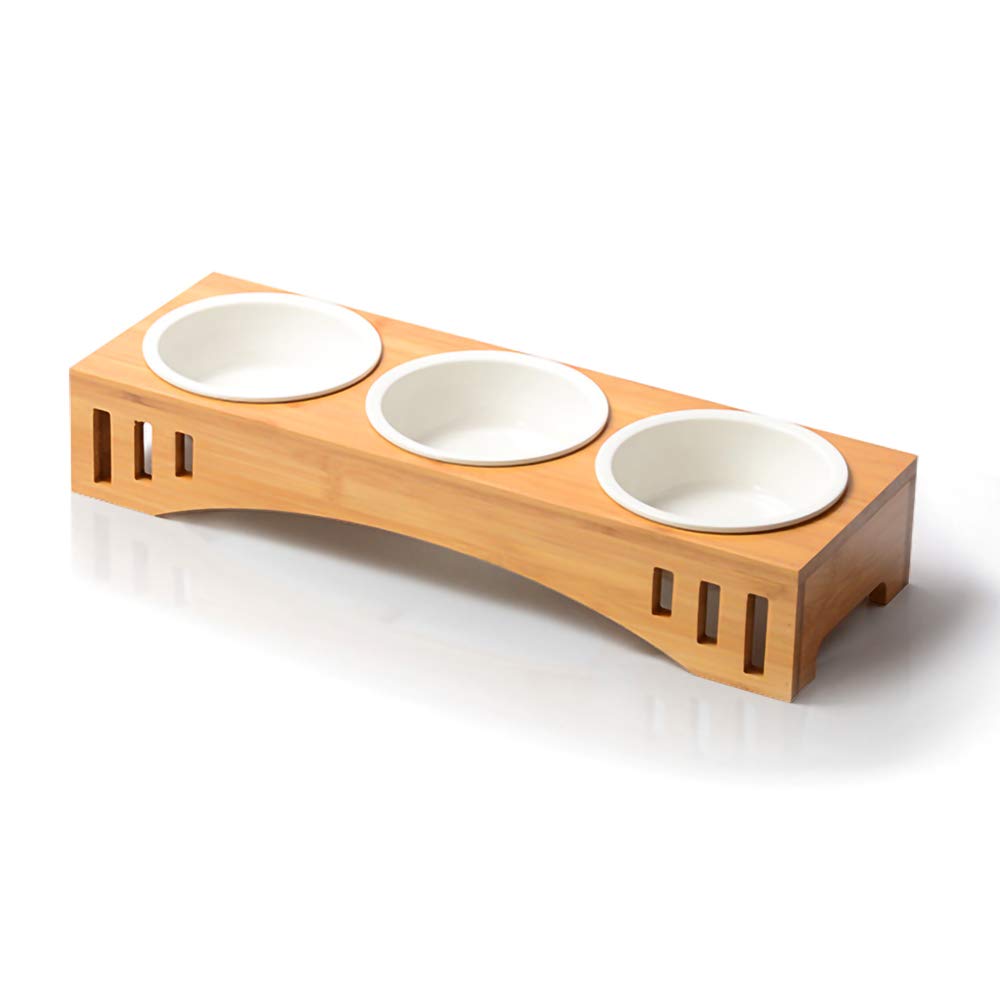 Ika Omnis Elevated Dog Cat Bowl Pet Ceremic Food and Water Bowl - Raised Bamboo Stand Dishes Feeder Bowl for Small/Medium Puppy Kitten