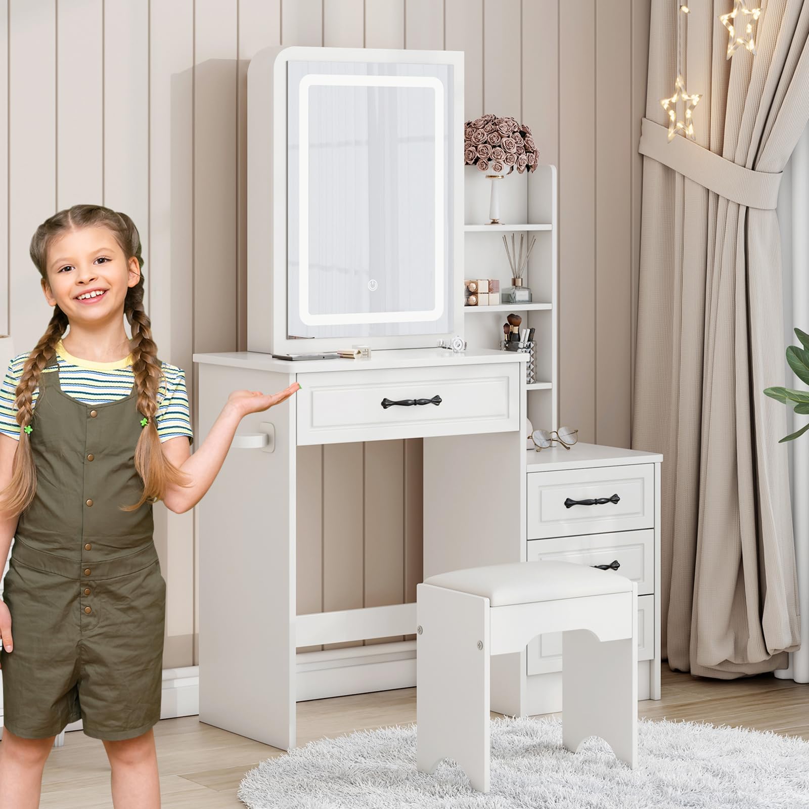 VanAcc Makeup Vanity Desk with Lights & Sliding Mirror for Teenagers, 35" Wide Vanity Table with 4 Drawers and Shelves, Small Vanity Dressing Table, LED Lights Vanity Set, Stool Included, White