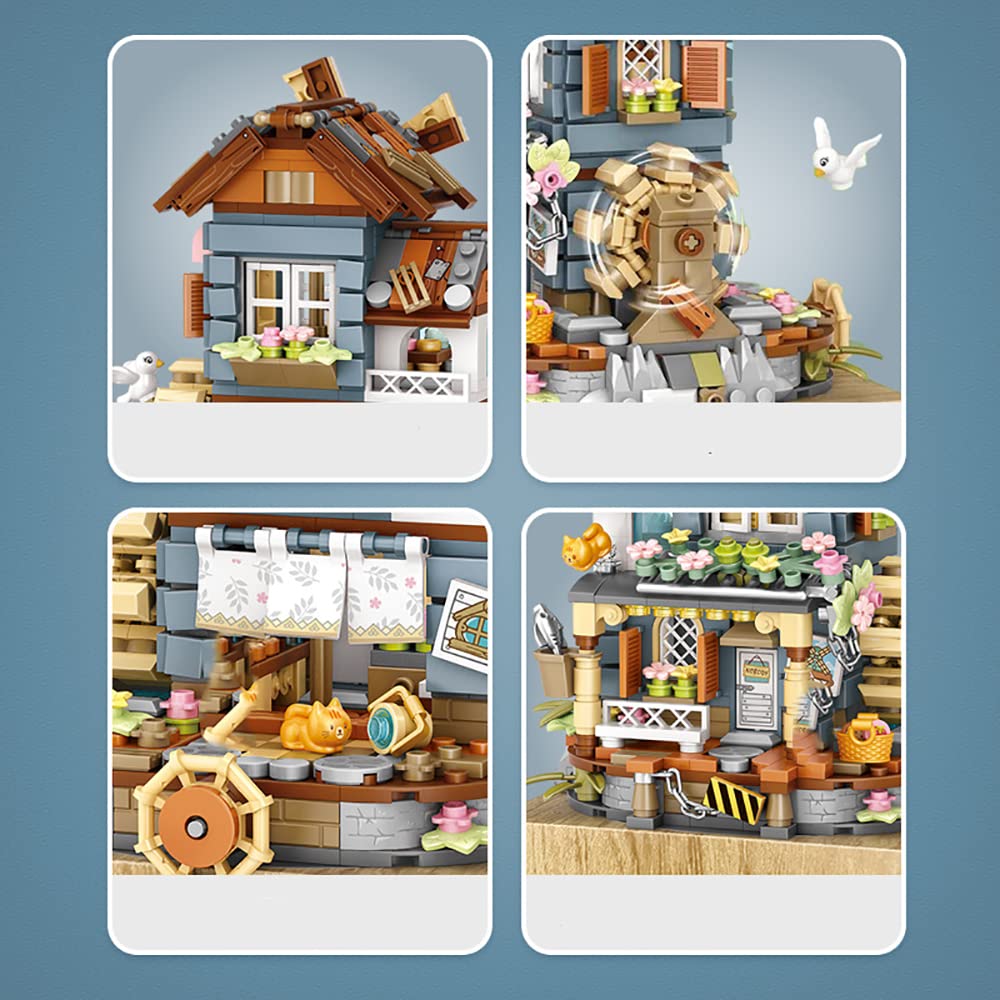 NIIZ Windmill Music Box Bricks Model Set, 799 Pieces Mini Bricks House Music Box Building Set, MOC Creative Street View Modular House Building Kit Construction Toy