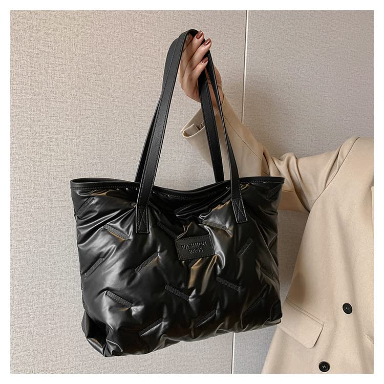 olues Big capacity Fashion Women Winter Bag Comfortable Puffer Quilted Tote Handbag Soft Shoulder Bag (Black)