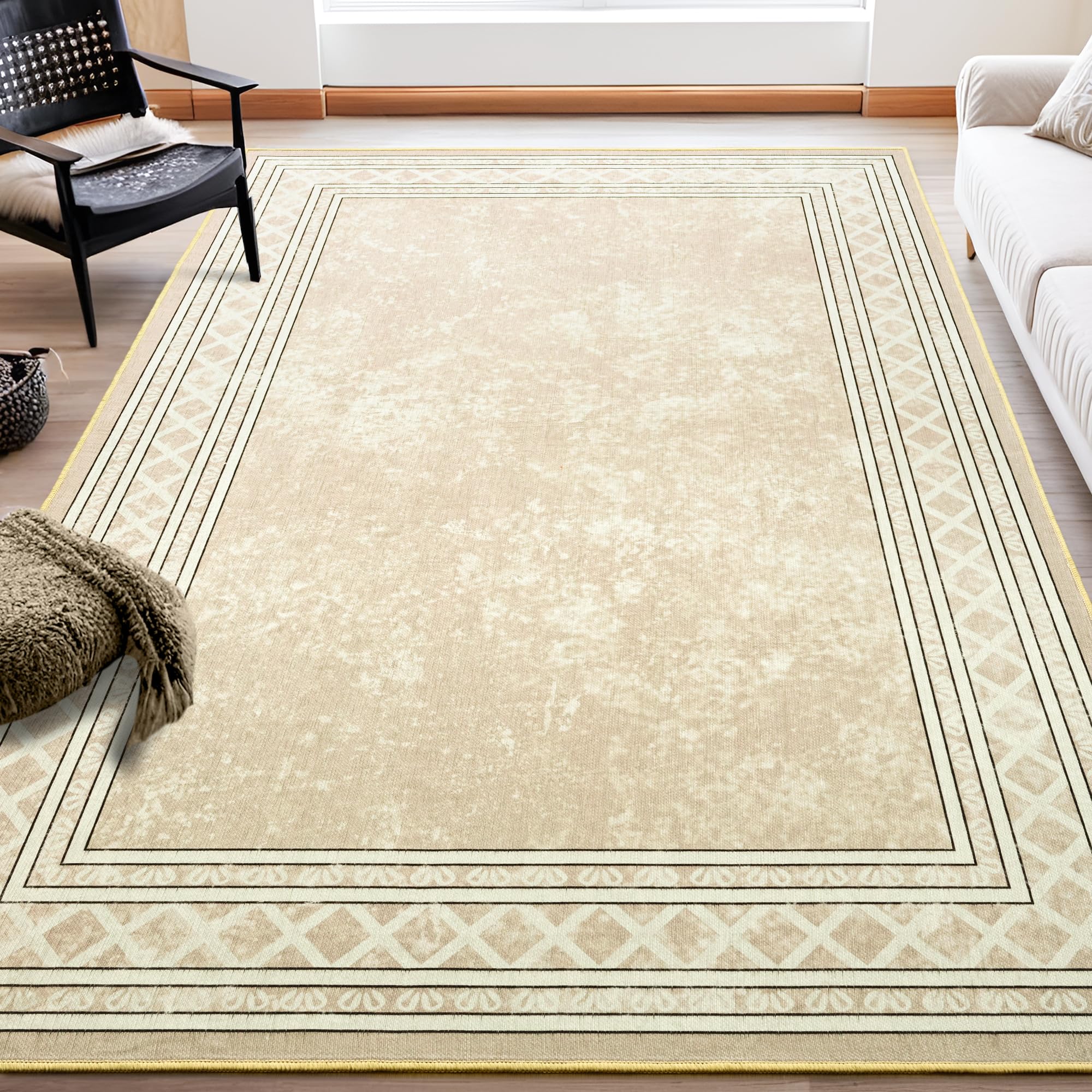 Tepook Modern Bordered 4x6 Area Rugs for Bedroom Aesthetic, Indoor Machine Washable Rugs for Living Room, Low Pile Throw Rugs with Rubber Backing for Office Dining Room Kitchen, Beige