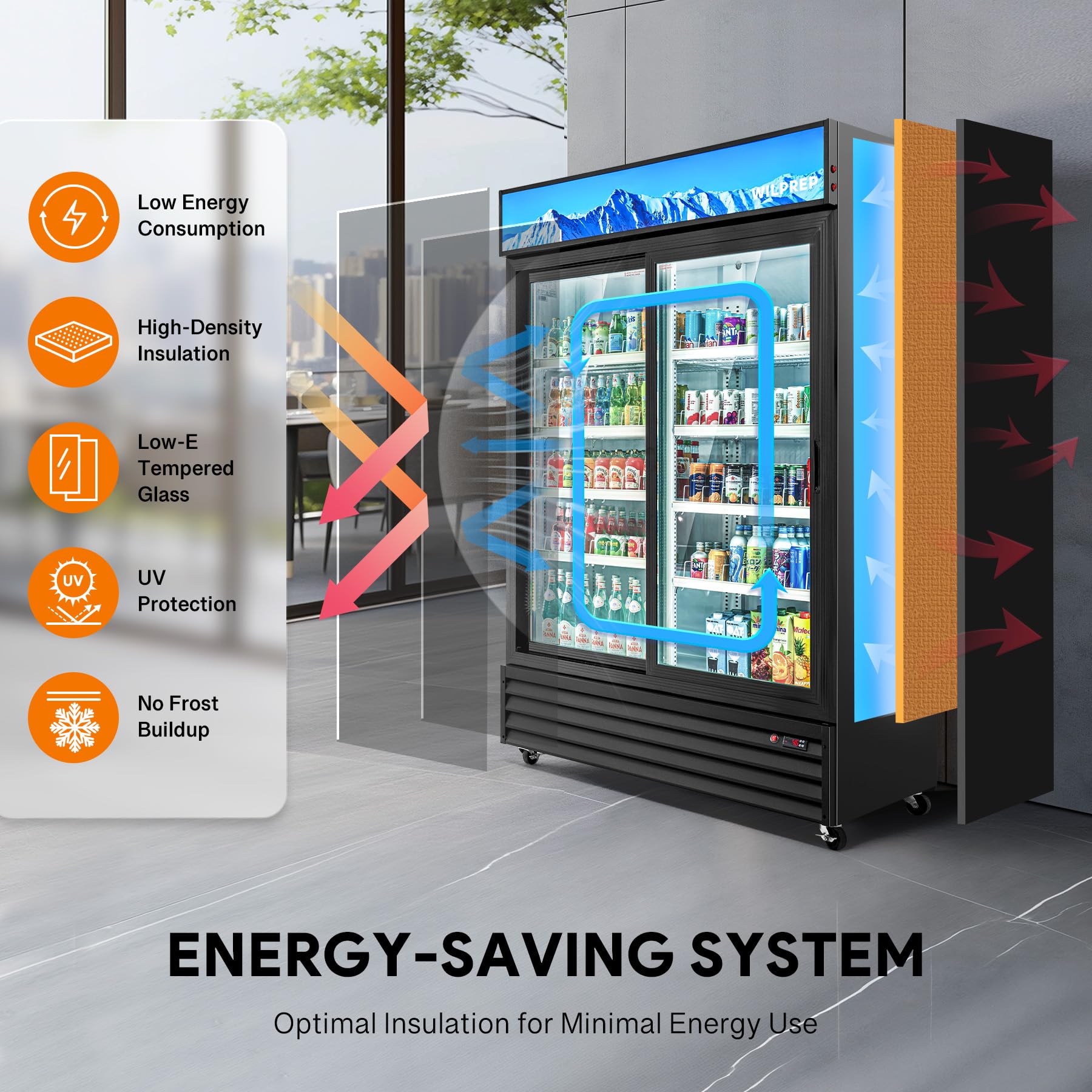 Wilprep Commercial Display Refrigerator, 35.1 cu ft 2 Sliding Door Merchandiser Refrigerator with LED Lights, 52.4 in Upright Beverage Cooler for Restaurant Retail Stores, ETL & ETL Sanitation Listed