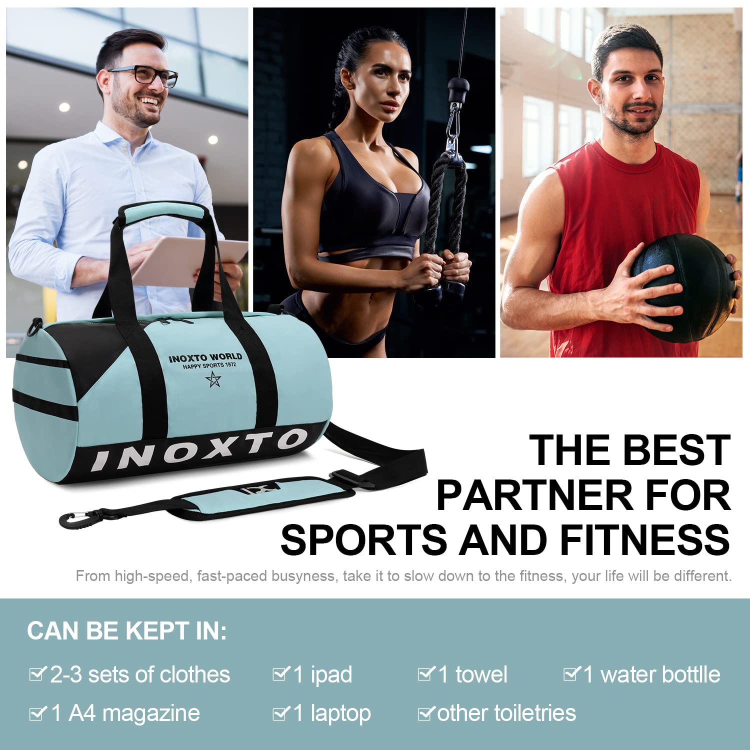 Inoxto gym bag, Small Sport Duffel bag for Women, Weekender Overnight Bag with Adjustable Shoulder Straps (light green)