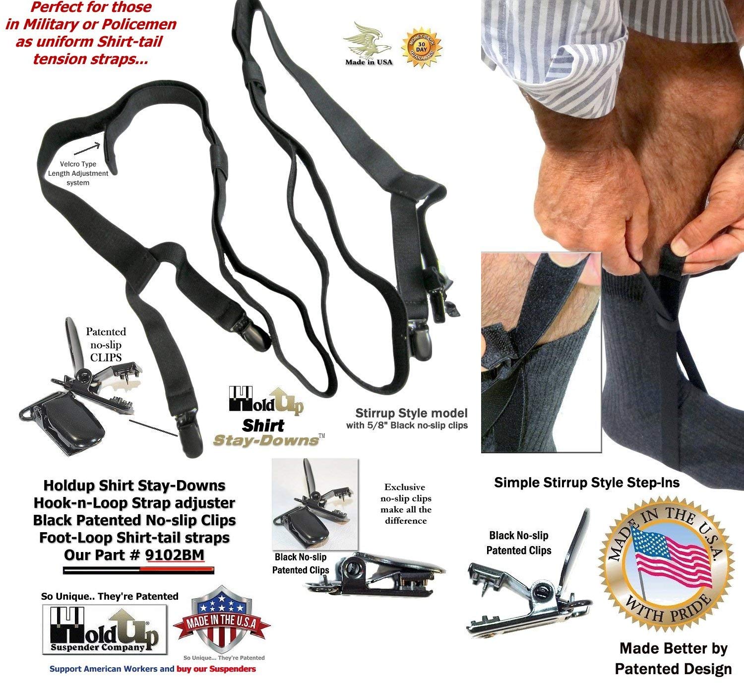 Hold-Ups Stay-downs Dress Shirt Stays Y-Style Metal with USA Patented No-slip Clips