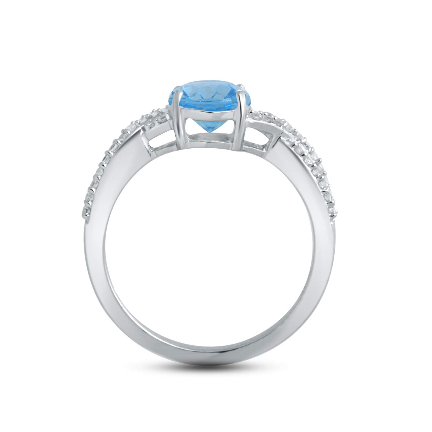 Jewelili Sterling Silver 9x7mm Oval Swiss Blue Topaz and Created White Sapphire Split Shank Ring, Size 7