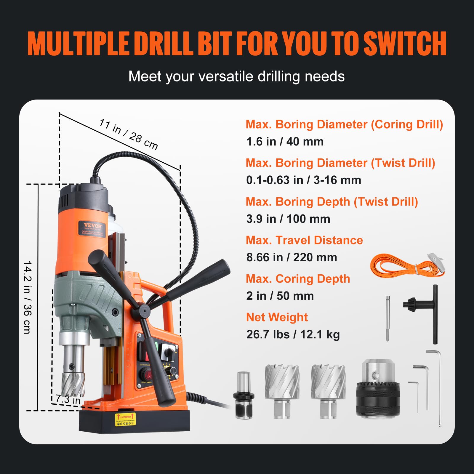 VEVOR Magnetic Drill, 1450W 2" Boring Diameter, 12800N Portable Electric Mag Drill Press, with Variable Speed, 800 RPM Drilling Machine for any Surface Home Improvement Industry Railway