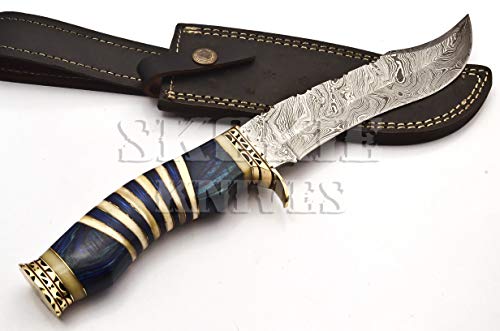 Skokie Knives Custom Hand Made Damascus Steel Hunting Knife Handle Original Camel Bone with Brass Spacer and Pakka Wood A Perfect Grip for Hunters