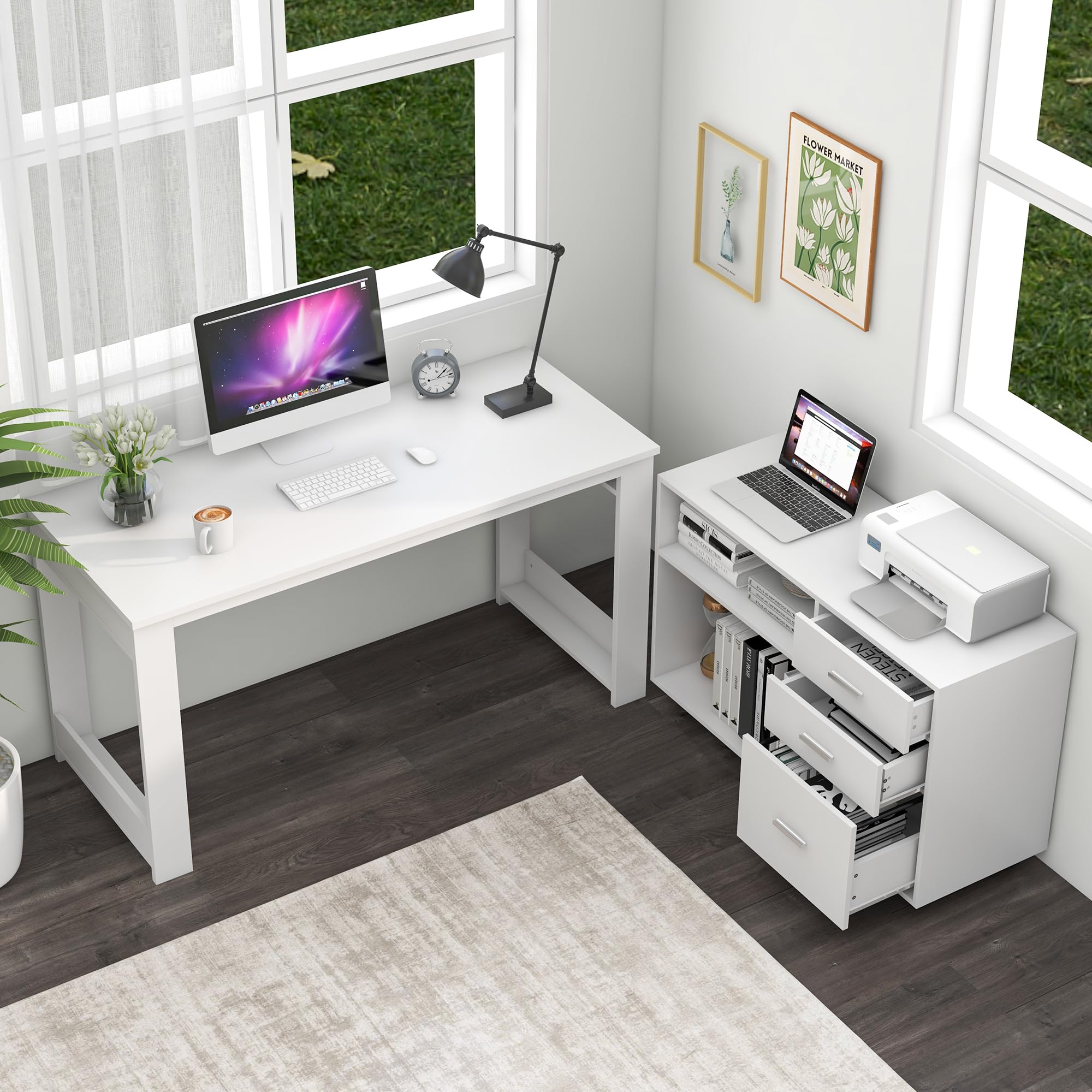 IdeaKey White L Shaped Desk with Drawers, Corner Desk with 3 Drawers and 2 Open Shelves, Computer Desk with Storage File Cabinet, Executive Desk for Home Office Workstation, Bedroom, 55 inch