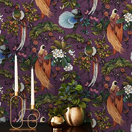 Holden Outside in Songbird Bird Theme Oriental Tropical Wallpaper Feature Wall Bedroom Livingroom Plum Deep Purple 13150
