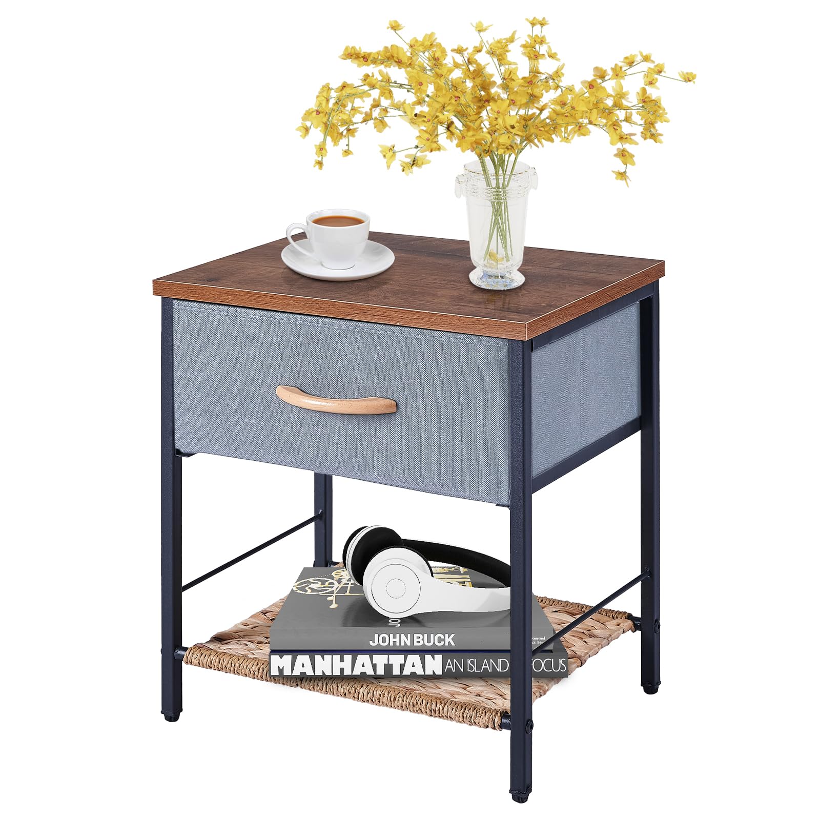 Wimarsbon Nightstand with Drawer, Night Stand Bedside Table with Storage Drawers, with Three Fabric Drawer Bedside Dresser, Modern Bedside Table Fabric Dresser for Bedroom (Light Gray-2)