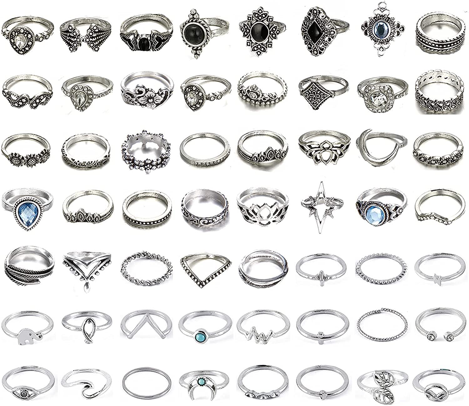 NIQIPOK 56 Pcs Vintage Silver Knuckle Rings Set for Women, Bohemian Stackable Joint Finger Rings, Retro Crystal eyes moon Stacking Midi Combination Ring Set