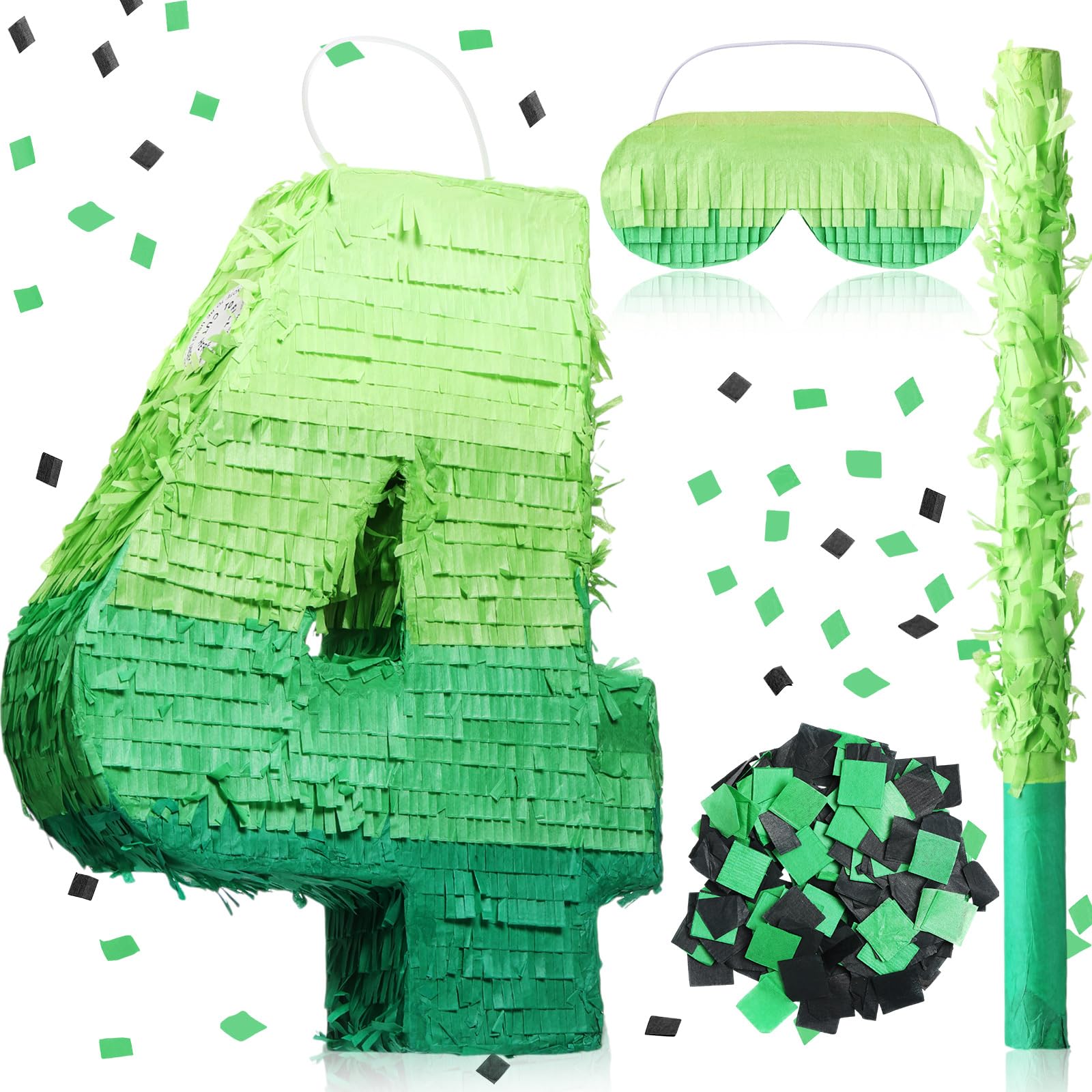 WinnerWhy Number Pinata Decorations 16 Inch Gradient Green Number Pinata with Blindfold Stick and Confetti for Birthday Baby Shower Safari Jungle Themed Party Supplies Xmas Centerpiece (Number 4)