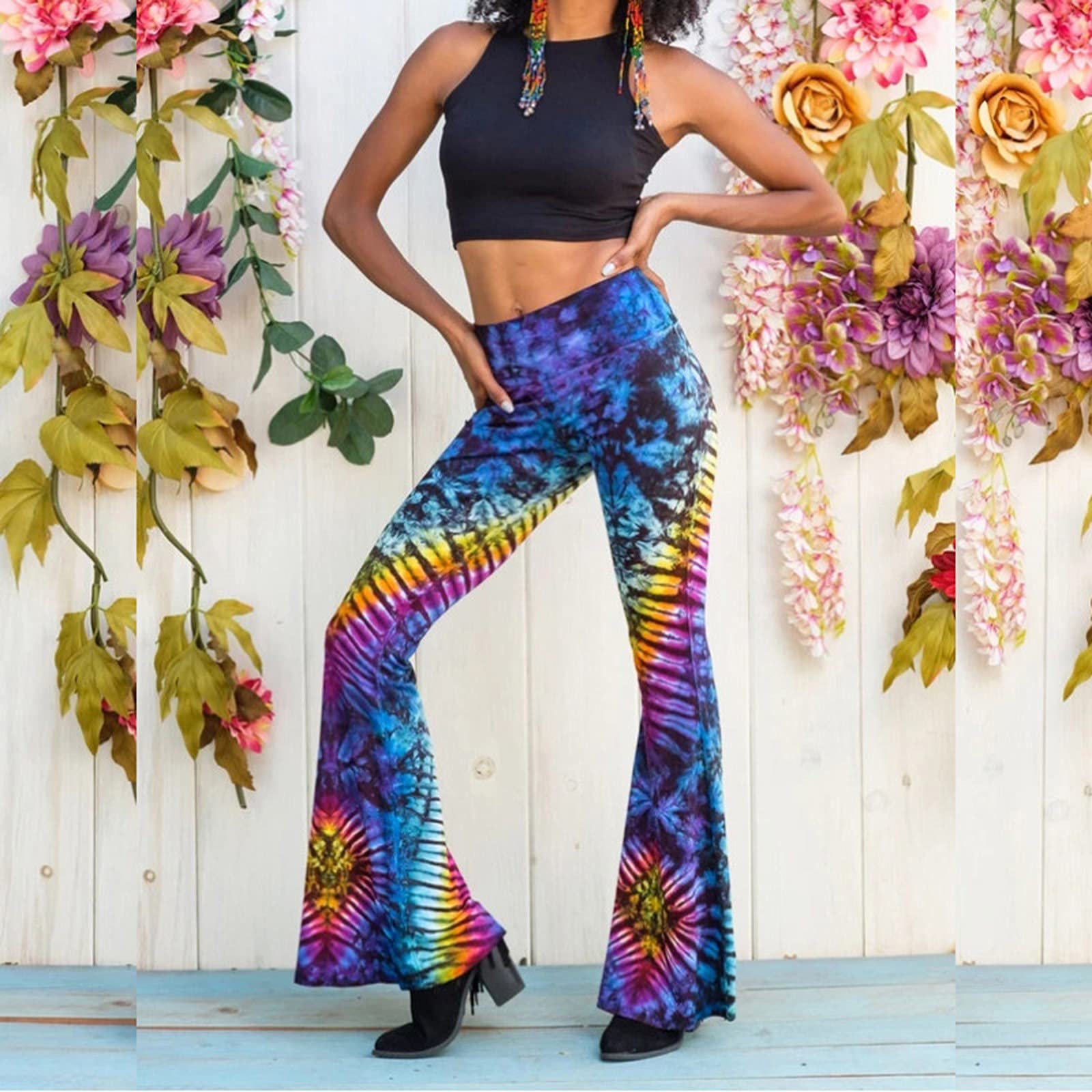 Keepfit Women's High Waist Wide Leg Pants, Casual Zebra-Striped Flare Bell Bottom Stretch Long Pants, Tie Dye Yoga Pants Blue
