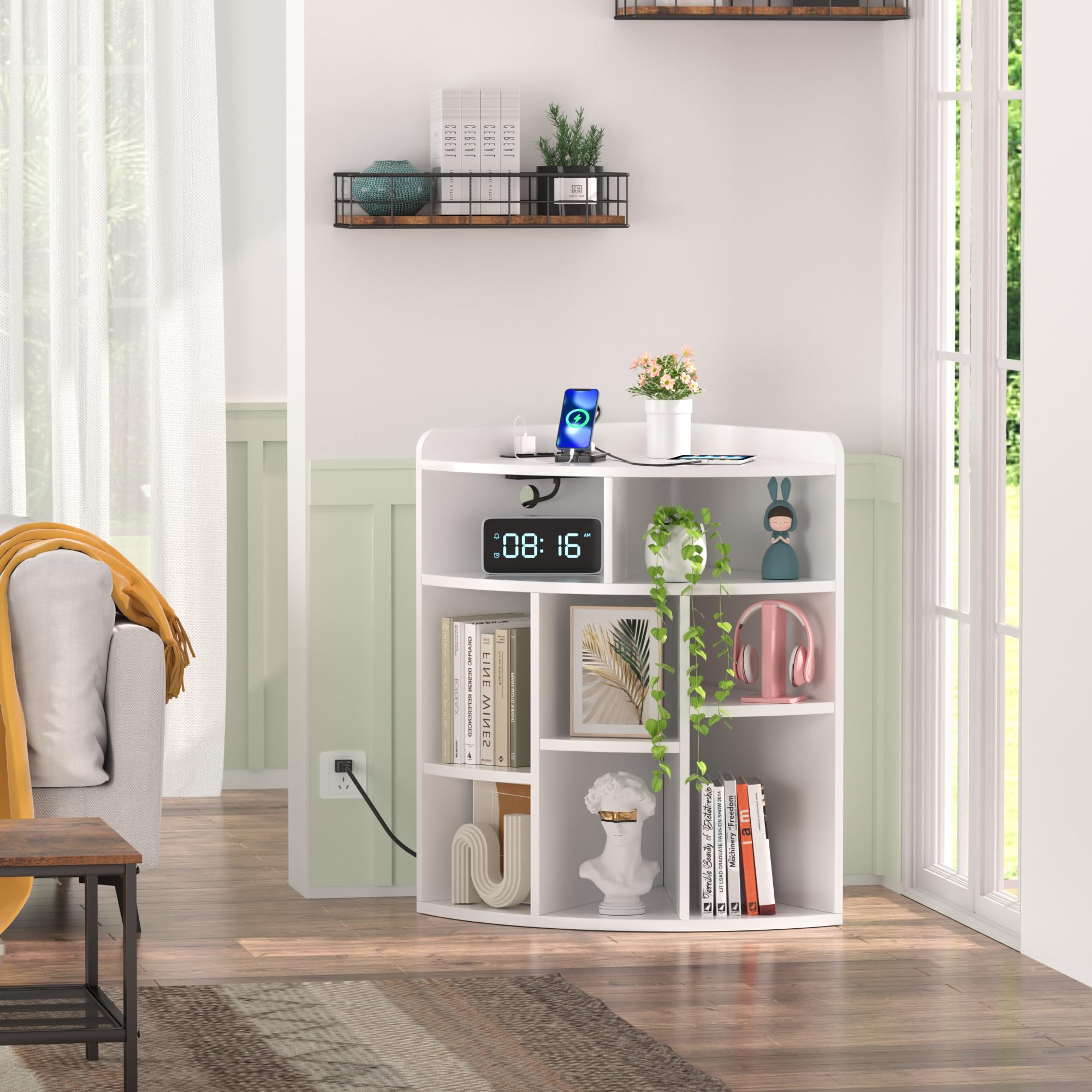 VECELO 3-Tier Cabinet with Adjusting Shelf Boards, Triangle 8 Cubes CornerStorage with USB Charging Station Outlets,Corner Bookshelf for Playroom,Bedroom&Living Room Home Office,Pearl White