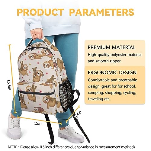 UNIKITTY Sloth Backpack for Girls Boys, 16 Inch Brown Backpacks for School, Cute, Large Capacity Bookbag for Kids Travel