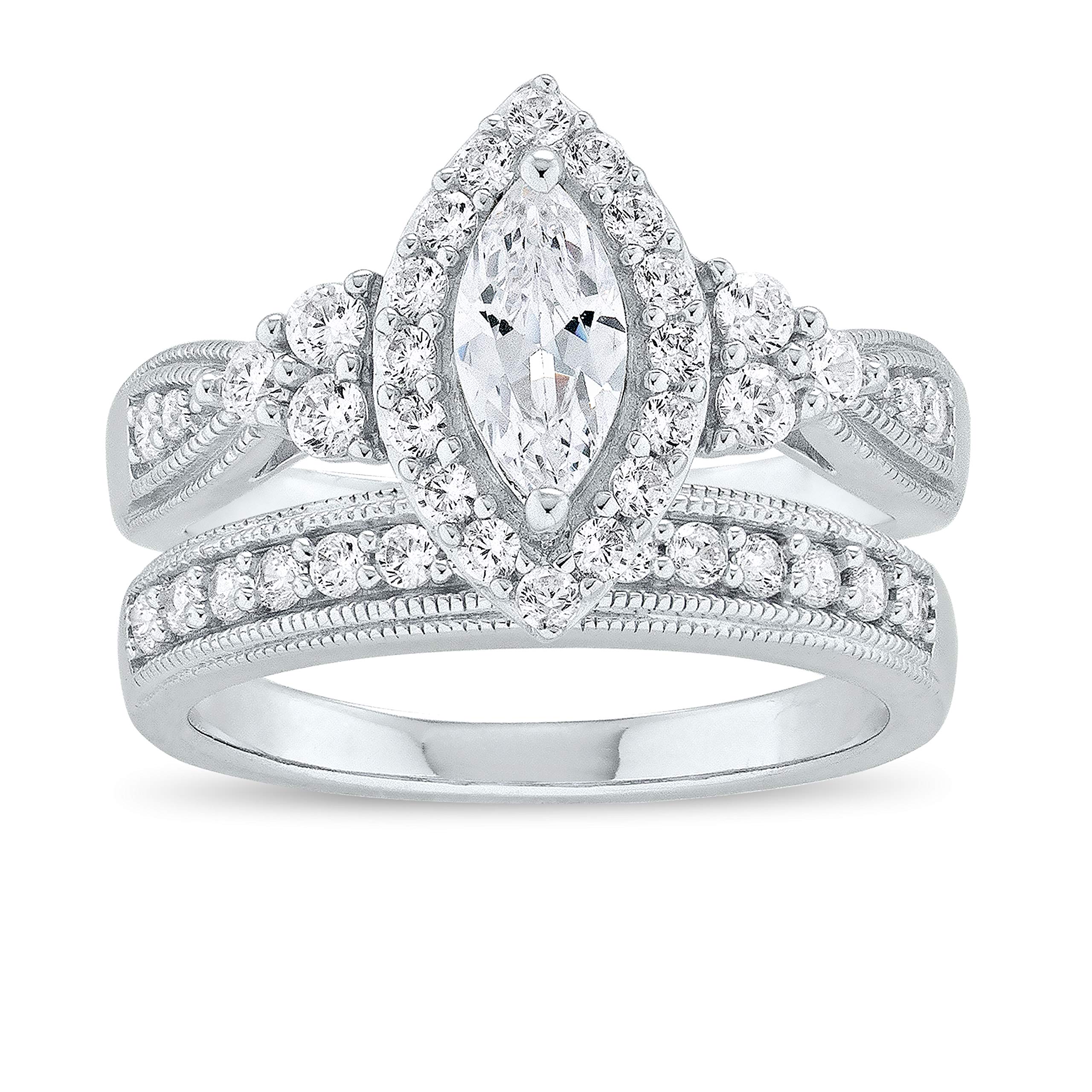 Lexi and Rose .925 Sterling Silver Cubic Zirconia Marqise Halo Milgrain Engagement Ring with Half-Eternity Wedding Band Bridal Set - Size 8
