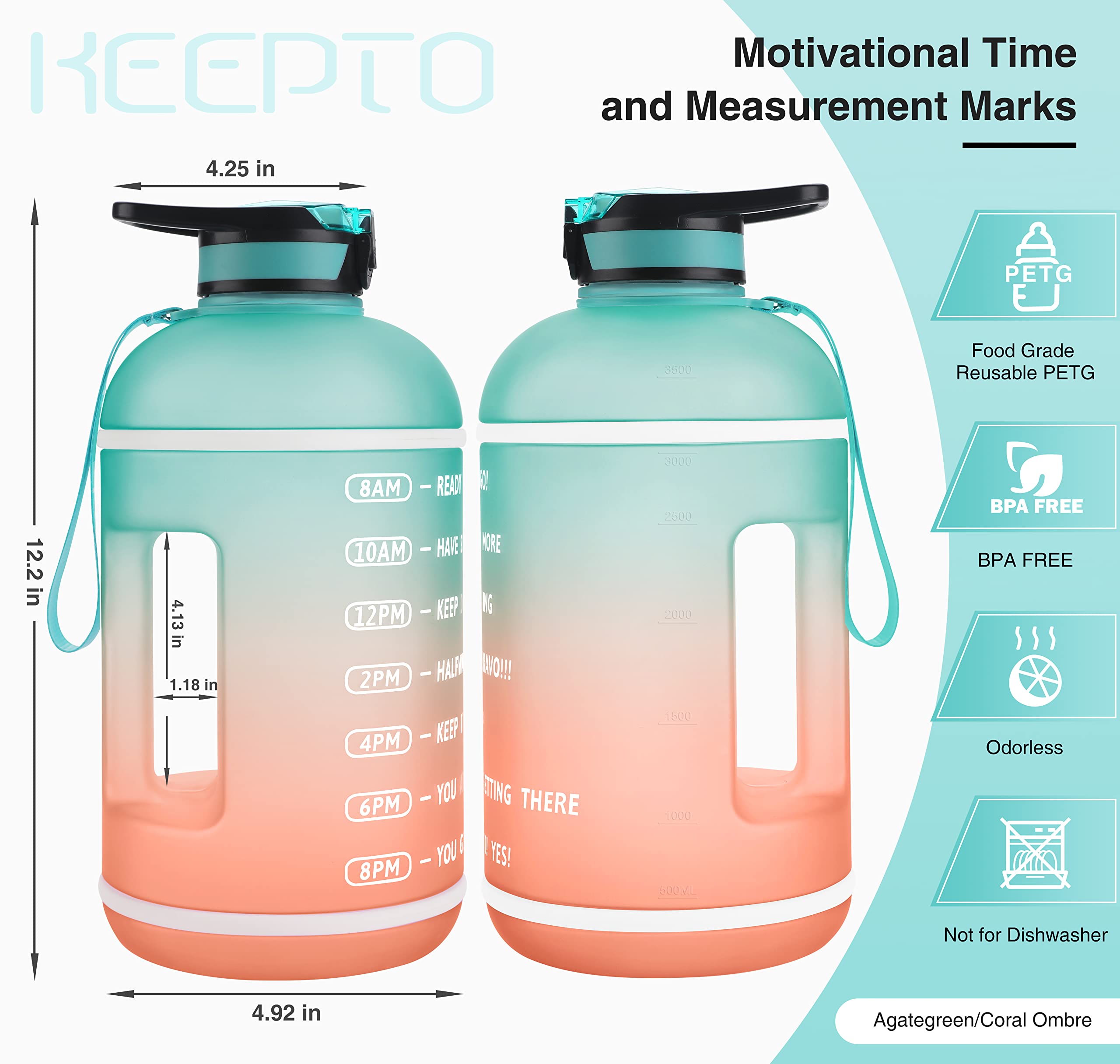 KEEPTO 1 Gallon Water Bottle with Straw-Motivational Water Jug with Time Marker,Coral/Agategreen Ombre