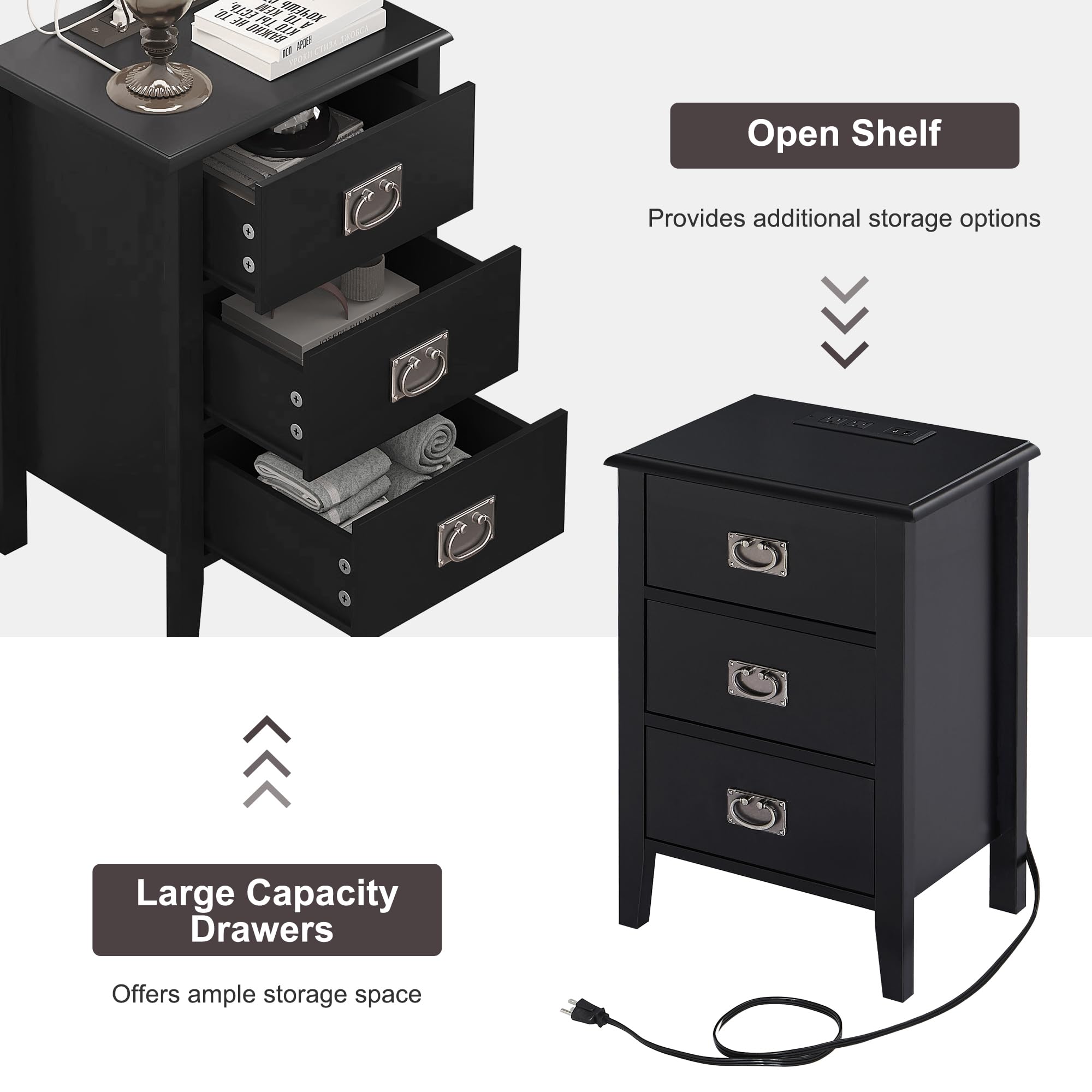 VECELO Nightstand Set of 2 with Storage Drawer and Open Shelf, Vintage Solid Wood Bedside End Tables for Bedroom, Living Room, Small Space, Two Drawers, Brunette Brown