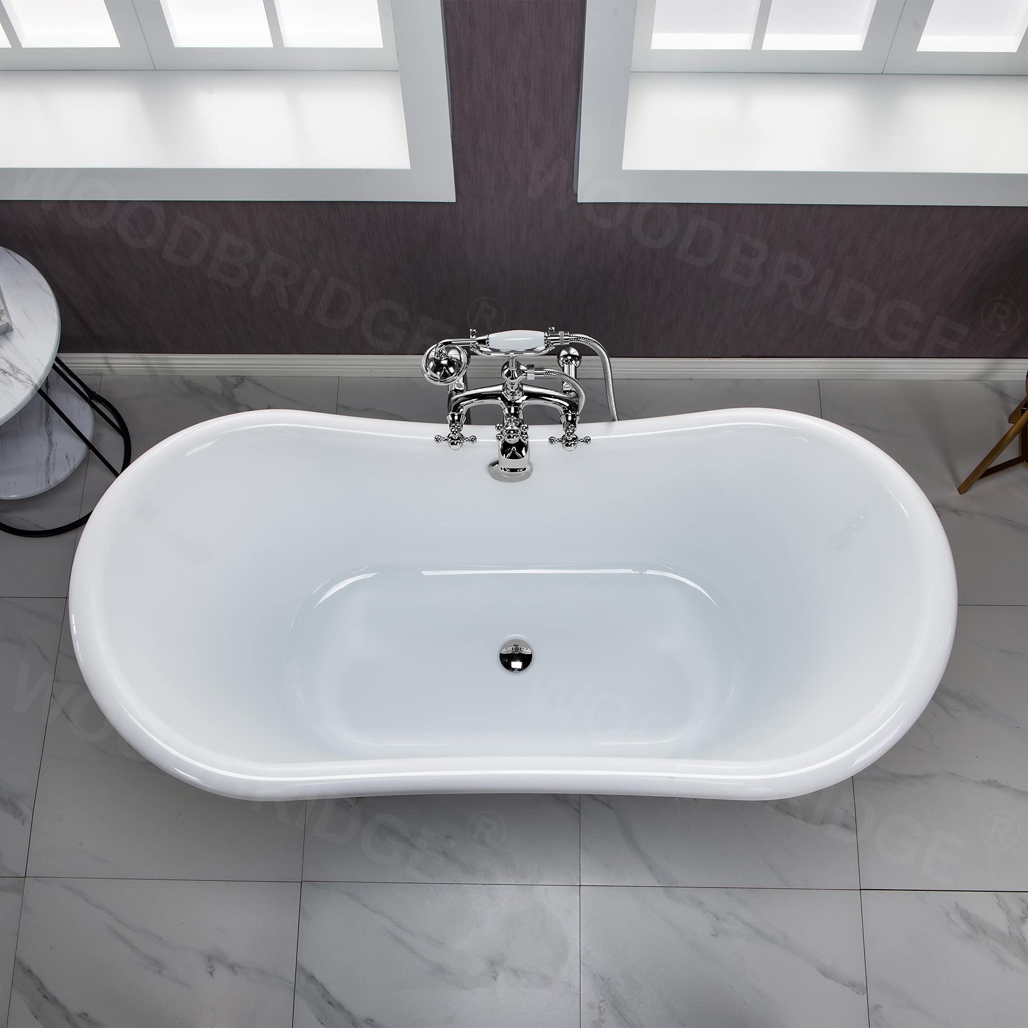 WOODBRIDGE 59" Double Slipper Clawfoot Bathtub with solid brass Polished Gold Finish drain and overflow + PG Faucet