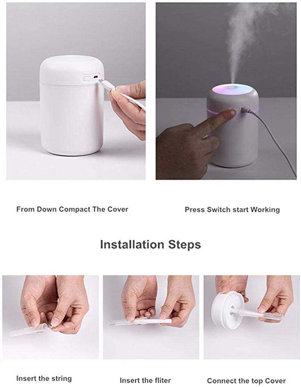 Kamon 300ml Mini Ultrasonic Cool Mist Humidifier, 7 Color LED Night Light, 2 Mist Mode, Auto Shut-Off for Car, Home, Office, Travel (Pink)