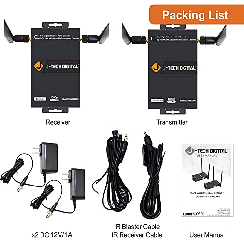 J-Tech Digital 1X2 Wireless HDMI Extender 200β Dual Antenna Supporting Full HD 1080p with HDMI Loop Output Operation Channel Change IR Passthrough (Receiver + Transmitter 1080P 200ft)