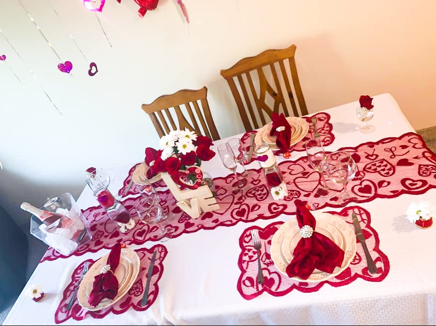 Valentines Day Decorations Table Runner with 4 Placemats, 13 x 72 Inch Red Rose Romantic Lace Table Mats Set for Valentine's Day Wedding Anniversary Party Supplies Home Table Dinner Decor