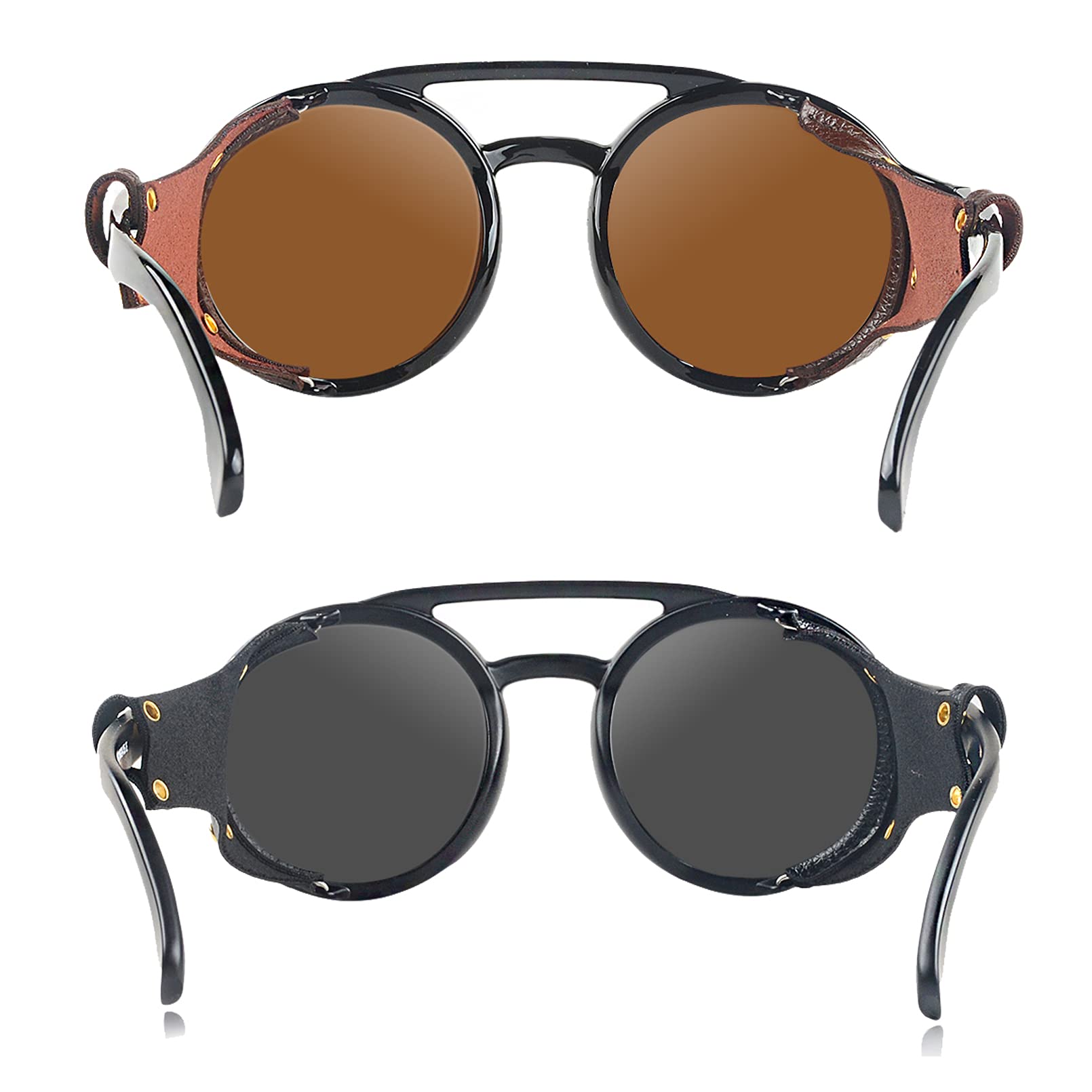 KEITHION Steampunk Style Round Vintage Sunglasses Retro Eyewear For Men Women With Leather Side Glasses (2pack-oneblack+onebrown)
