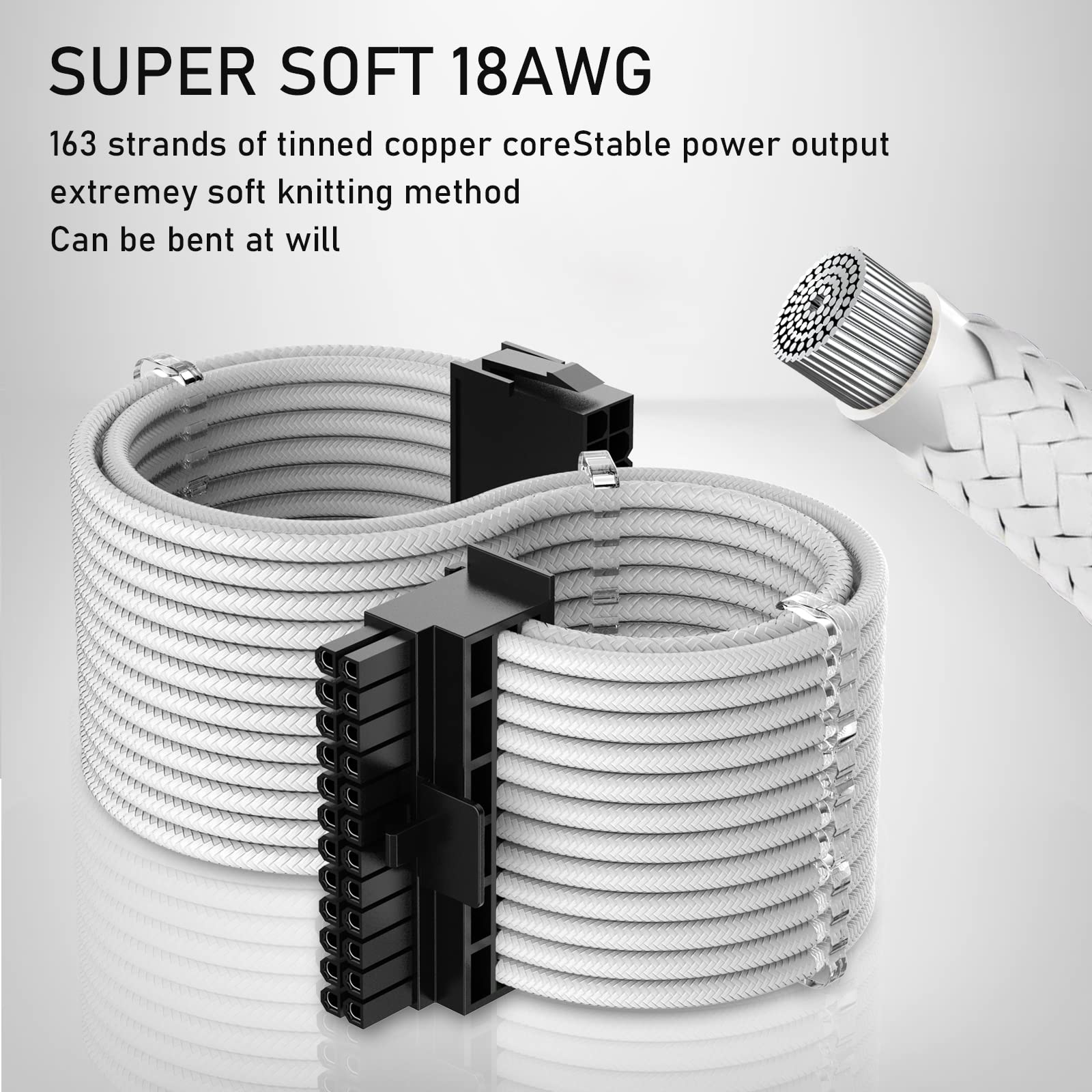SYBECHATF Power Supply PSU Sleeved Extension Cable Kit with 90 Degree Right Angle Connector Adapter,ATX/EPS/8 Pin PCIE for PC PSU Cable Black with Combs 6 Pack 30CM