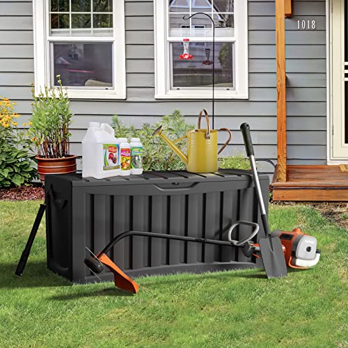 S AFSTAR 90 Gallon Deck Box, Outdoor Storage Box with Lockable Lid, 2 Built-in Wheels, Side Handrail, All Weather Weatherproof Resin Deck Box for Patio Cushions, Pool Supplies, Gardening Tools, Black
