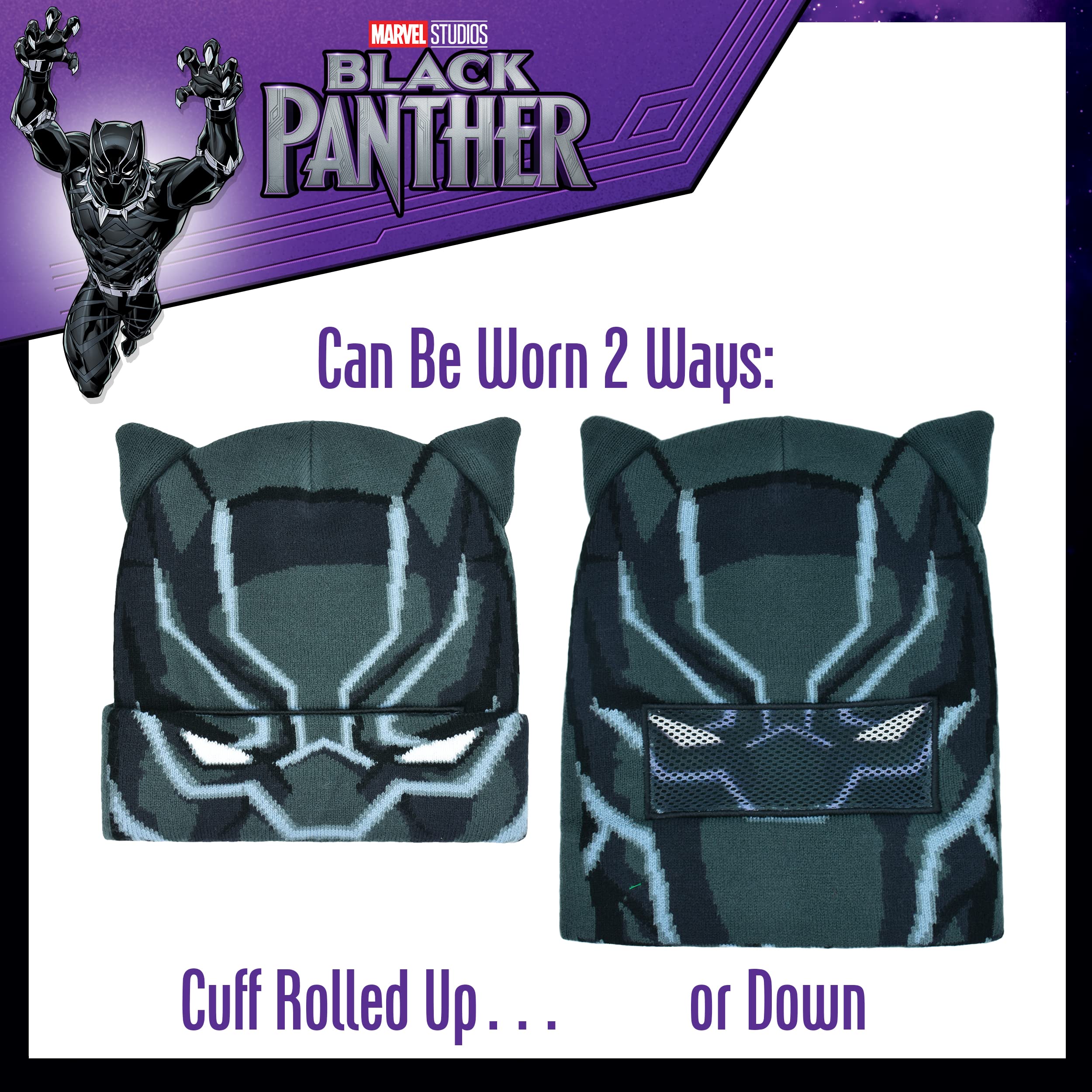 Marvel Black Panther Roll Down Cuff Beanie Hat, Black, One Size