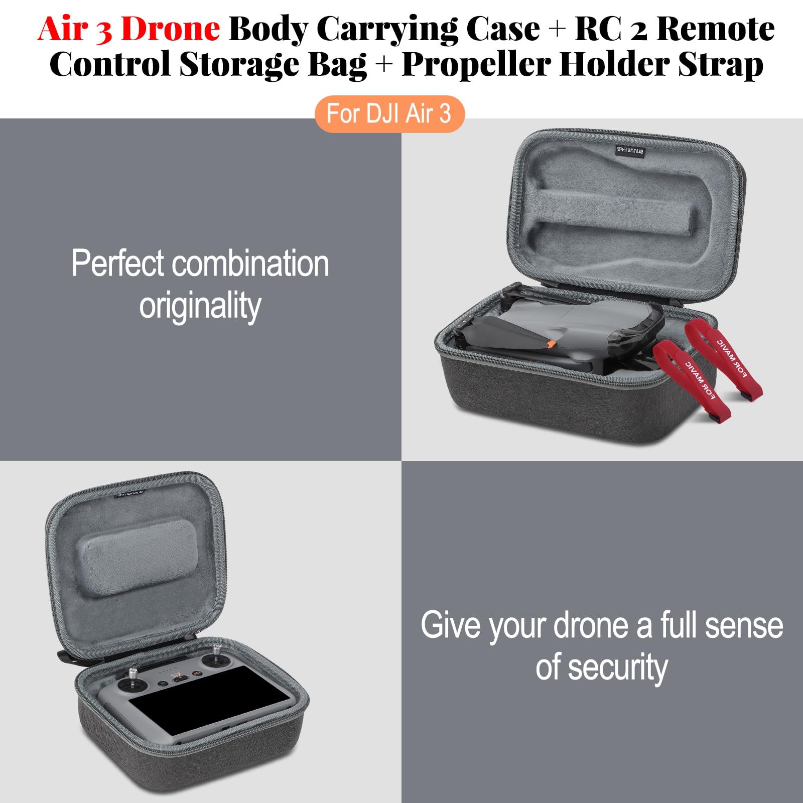 iEago RC Air 3 Drone Body Carrying Case + Controller Portable Storage Bag for DJI Air 3 with DJI RC 2, Travel Hard Shell with Carabiner and Nylon Propeller Holder Strap Accessories