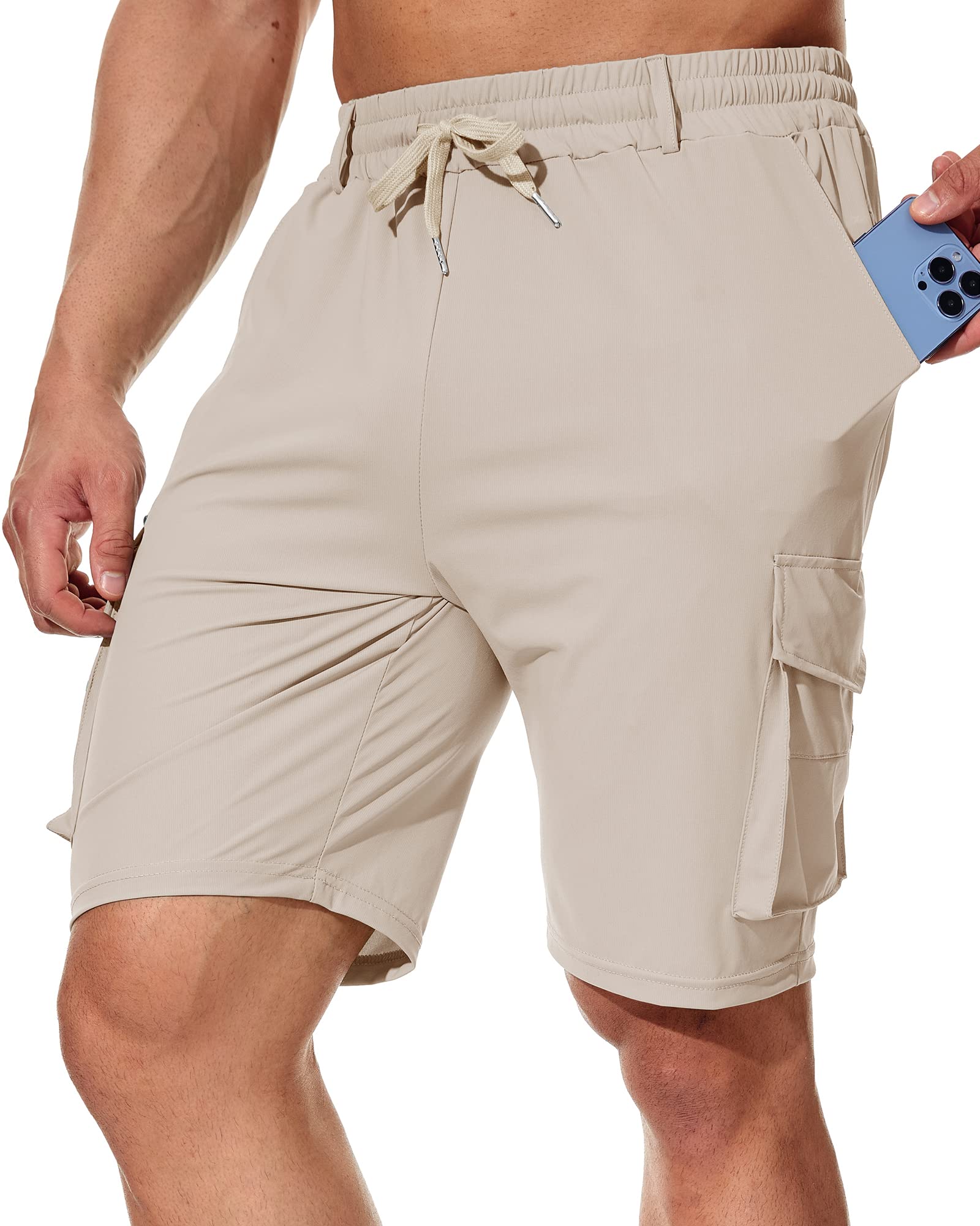 NeedBo Mens Hiking Cargo Shorts Quick Dry Outdoor Stretchy Tactical Shorts with Multi Pockets for Camping Fishing Khaki L