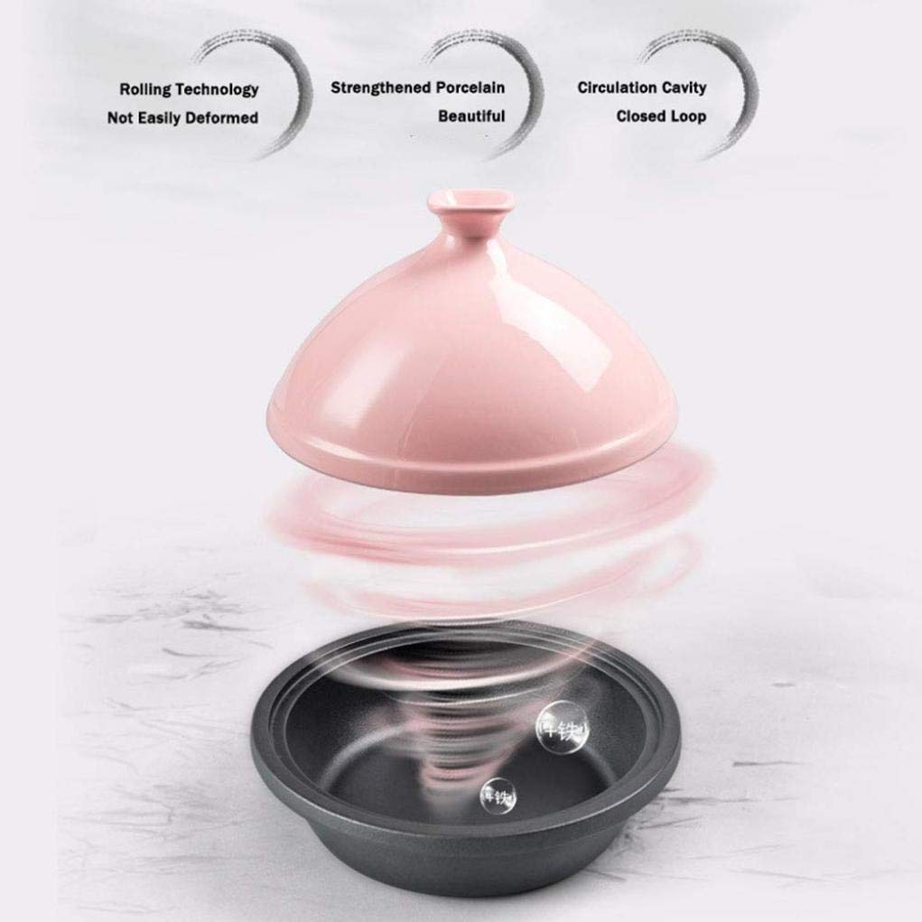 MYYINGBIN 3 Liters Moroccan Tagine Pot Cast Iron Base Ceramic Lid Clay Casserole Suitable for 3-6 People, Pink
