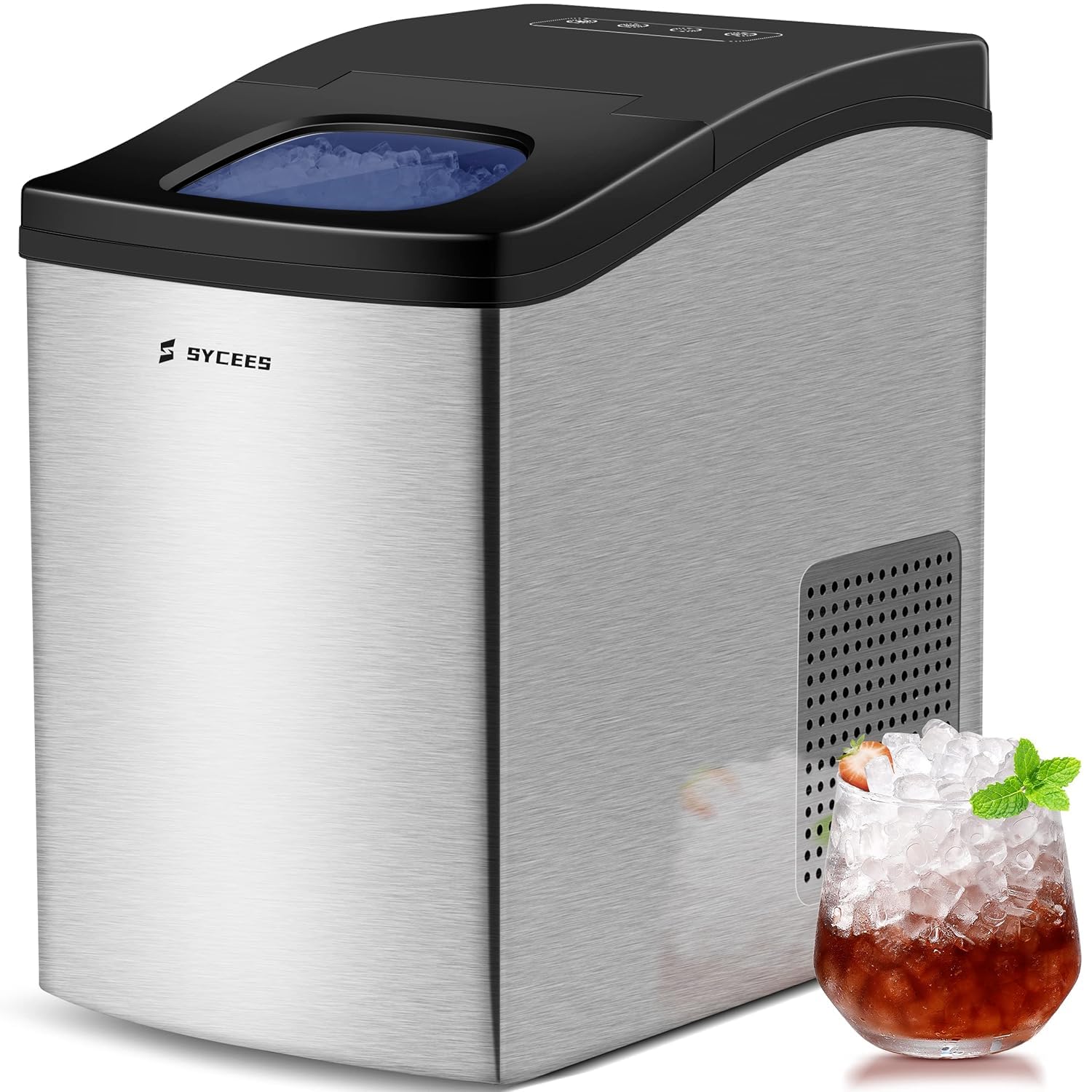 SYCEES 33lbs/24h Portable Nugget Ice Maker for Countertop, 5lbs Ice Storage, Pellet Ice Ready in 10 Mins, Self-Cleaning, Touch Control, Stainless Steel Sonic Ice Machine for Home, Bar, Office